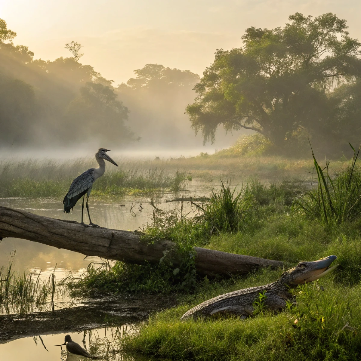 The Terrifying Shoebill: A Predator of Young Crocodiles in African Swamps